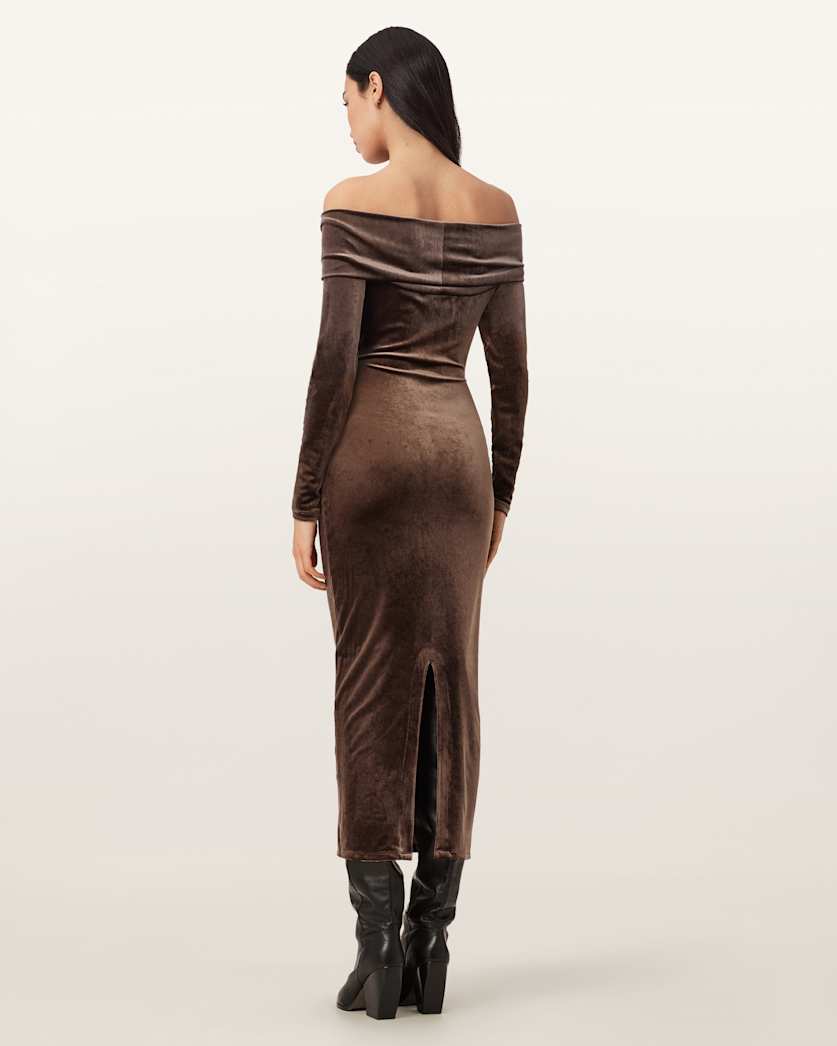 Delta Velvet Midi Dress Bitter Brown | ALLSAINTS